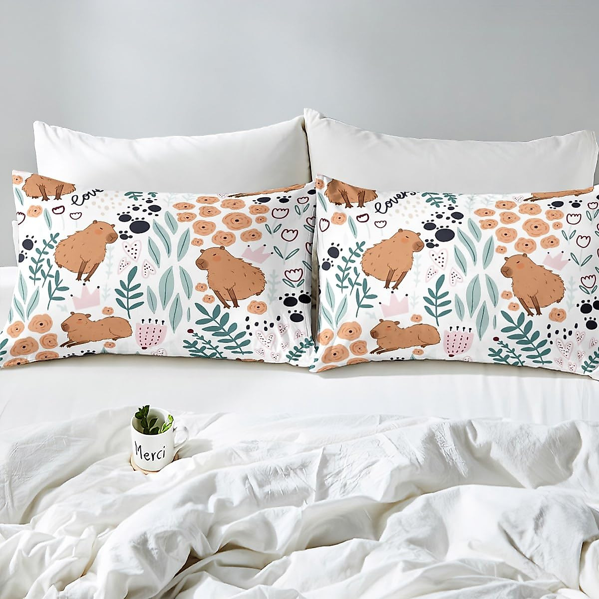 Capybara Bed Sheet Set Full Size, Cute Capybara Bedding Set for Kids Toddler Capybara and Flowers Fitted Sheet Cute Capybara Animal Bed Cover with 2 Pillow Case (No Flat Sheet)