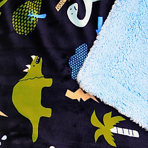 Marina Decoration Reversible Rich Printed Woven Fluffy Plush Soft Warm Flannel Fleece Children Throw Sherpa Kids Blanket, 40 x 50 Inch Dinosaur Zoo with Navy Blue Base