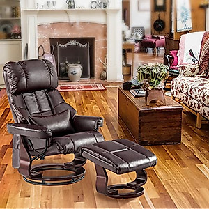 MCombo Recliner with Ottoman Reclining Chair with Vibration Massage and Removable Lumbar Pillow, 360 Degree Swivel Wood Base, Faux Leather 9068 (Dark Brown)