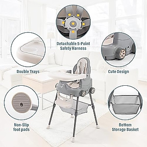 Baby High Chair,Adjustable Convertible 3 in 1 Baby High Chairs Baby Toddlers Feeding Chair Booster,5-Point Harness,Removable Tray&PU Cushion (Gray)