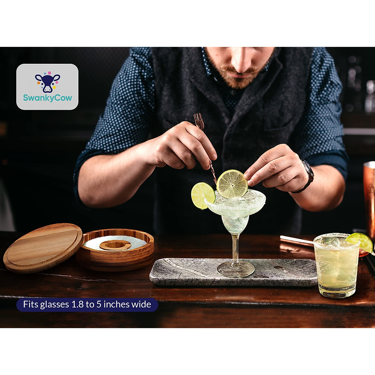 SwankyCow 2x Acacia Wood Cocktail Rimmer - Margarita Salt Rimmer, 6.30" Diameter - Home Bar Accessories for Salt & Sugar