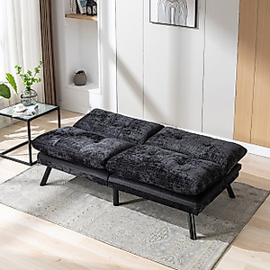 Modern Velvet Tufted Sofa Bed Futon with Armrest,Convertible Folding Couch Recliner,Sleeper Loveseat for Small Space,Living Room Apartments Dorms Office (Black)