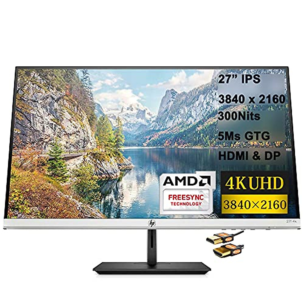 HP 27f Monitor 27” 4K UHD (3840 x 2160) 60Hz Refresh Rate IPS Panel 5ms GTG 16:9 300 nits Brightness Up to 1.07 Billion Colors AMD FreeSync Technology 178° Viewing Angle DisplayPort + HDMI Cable