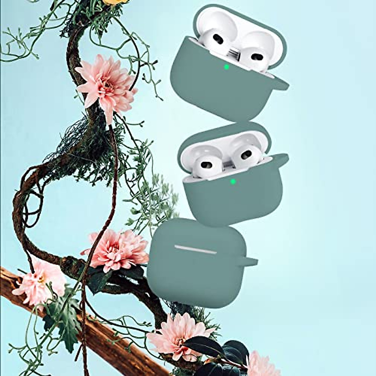 R-fun AirPods 3 Case Cover, Silicone Protective Accessories Skin with Keychain Compatible with Apple AirPod 3rd Generation 2021 for Women Men Girls Boys,Front LED Visible-Pine Green