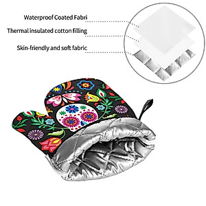 Mexican Skull Skeleton Floral Oven Mitts and Pot Holders Set of 4, Oven Mittens and Potholders Heat Resistant Gloves for Kitchen Cooking Baking Grilling BBQ