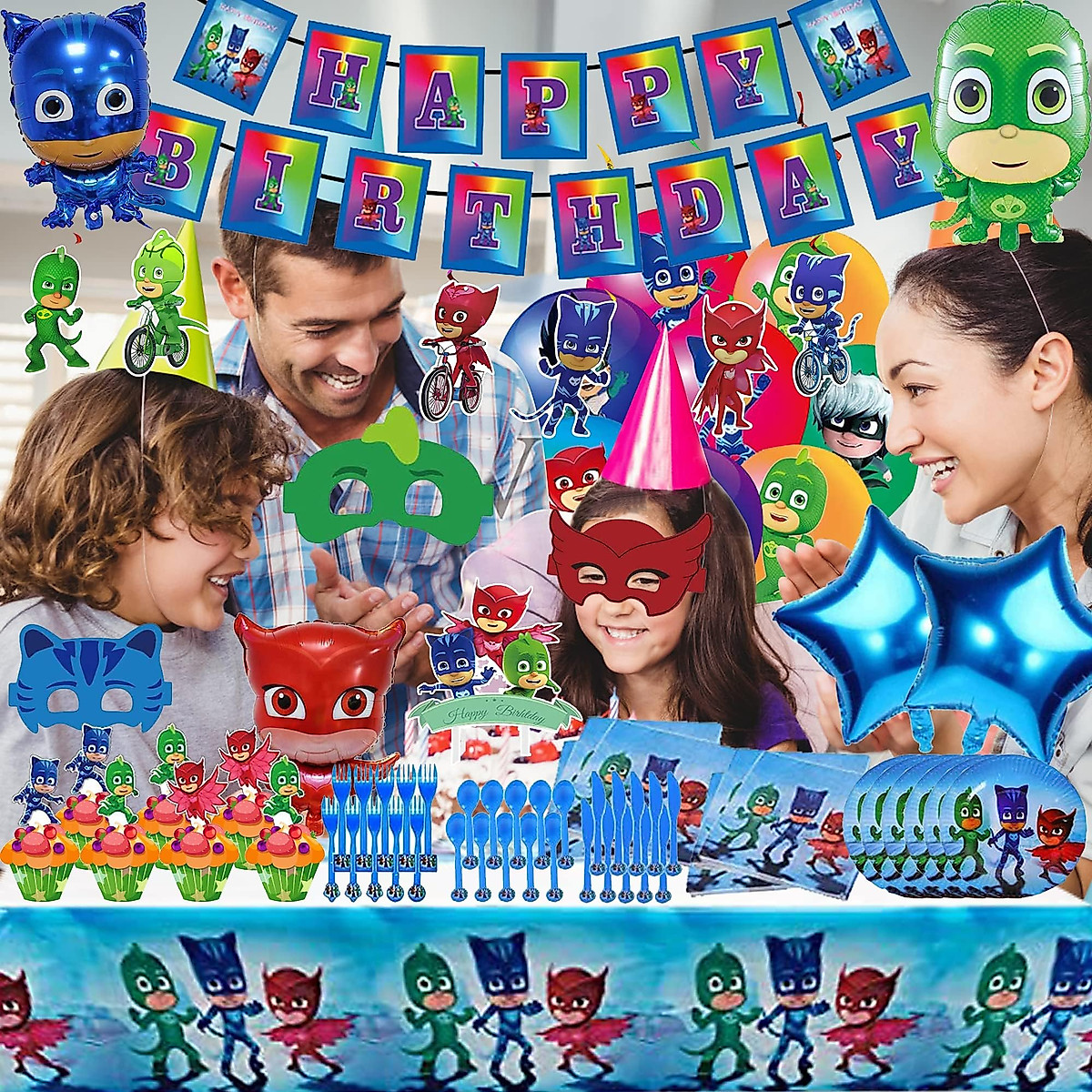 129pcs Pj-Masks Birthday Party Supplies Including Banners, Tablecloths, Cutlery, Spoons, Plates, Napkins, Hanging Swirls, Balloons, Cake Toppers, Cupcake Toppers, Character Foil Balloons
