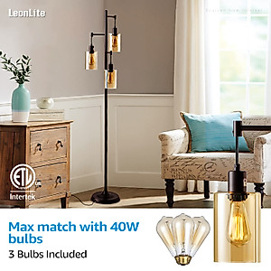 LEONLITE Farmhouse Floor Lamp for Living Room, Industrial Tree Standing Lamp with 3 Amber Glass Shades & Incandescent Bulbs, Rustic Vintage Tall Pole Light with Metal Base for Bedroom Office Study