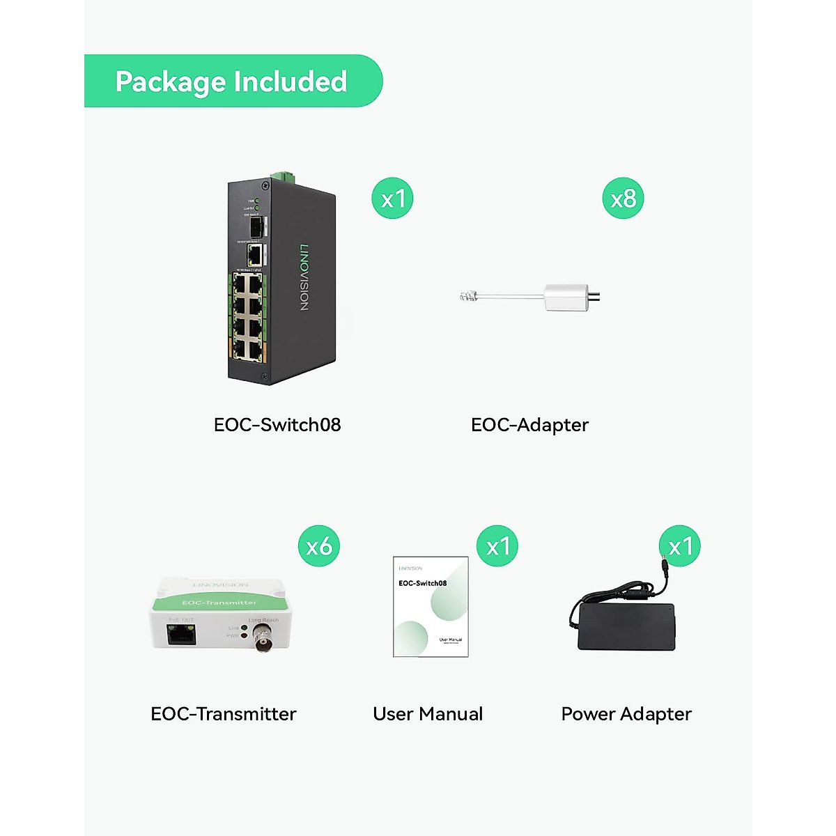 LINOVISION Industrial 8-Port EOC & POE Switch with 6pcs EOC Transmitters, Long Reach PoE Over Coax or UTP Cable, Simplified Wiring, Upgrading Analog System to IP Surveillance System