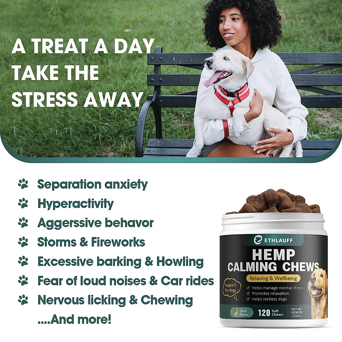 Ethlauff Calming Chews for Dogs 120 Count,Dog Calming Treats,Anxiety Relief Treats,Dog Anxiety Relief,Helps with Dog Anxiety,Separation,Barking,Stress Relief,Sleep Calming Aid,for All Breeds & Sizes