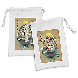 Ambesonne Korea Fabric Pouch Set of 2, Traditional South Korean Motifs Inside a Khimchi Hot Pot Tourist Attractions Cartoon, Small Drawstring Bag for Toiletries Masks and Favors, 9" x 6", Multicolor