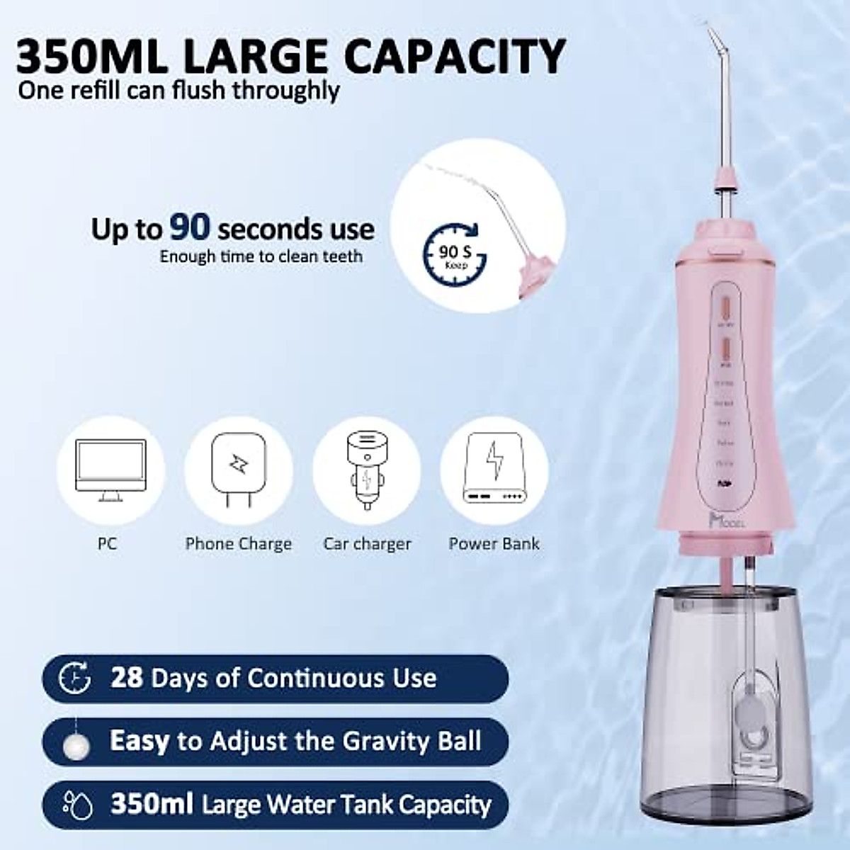 MOCEL Water Dental Flosser Oral Irrigator with 5 Modes, 350ml Cordless Water Teeth Cleaner Pick 6 Tips, IPX7 Waterproof Portable Powerful Battery for Travel & Home Braces & Bridges Care (Pink)