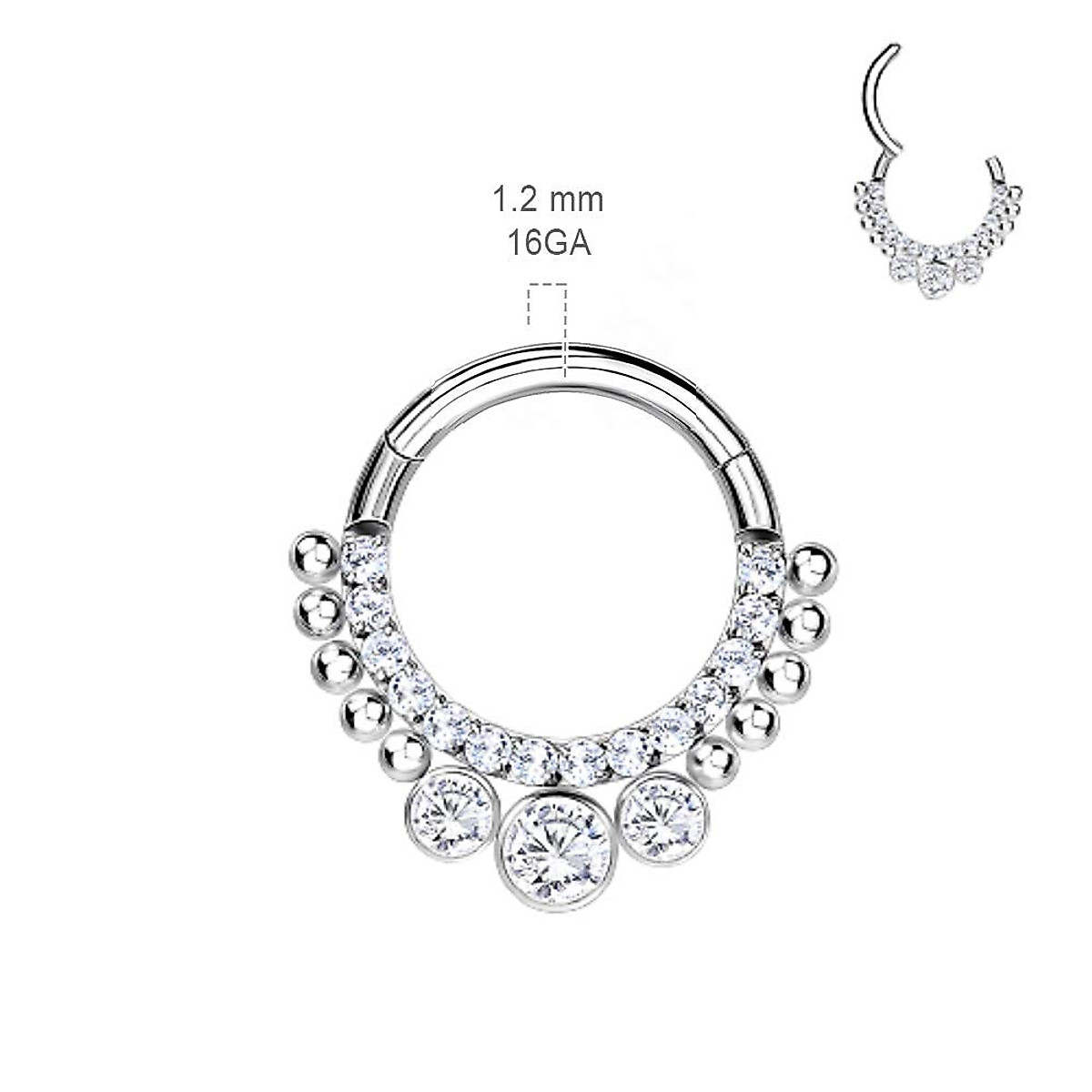 Pierced Owl 16G Implant Grade Titanium Beaded CZ Crystal Paved Front and Triple Gem Cartilage Helix Daith Septum Hinged Segment Ring