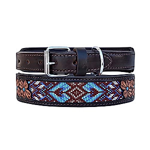 Leather Dog Collar Extra Small Size Western Style Heavy Duty Hand Tooled Adjustable Beaded and Padded Soft for Puppies and Big Dogs 10AB032-XS