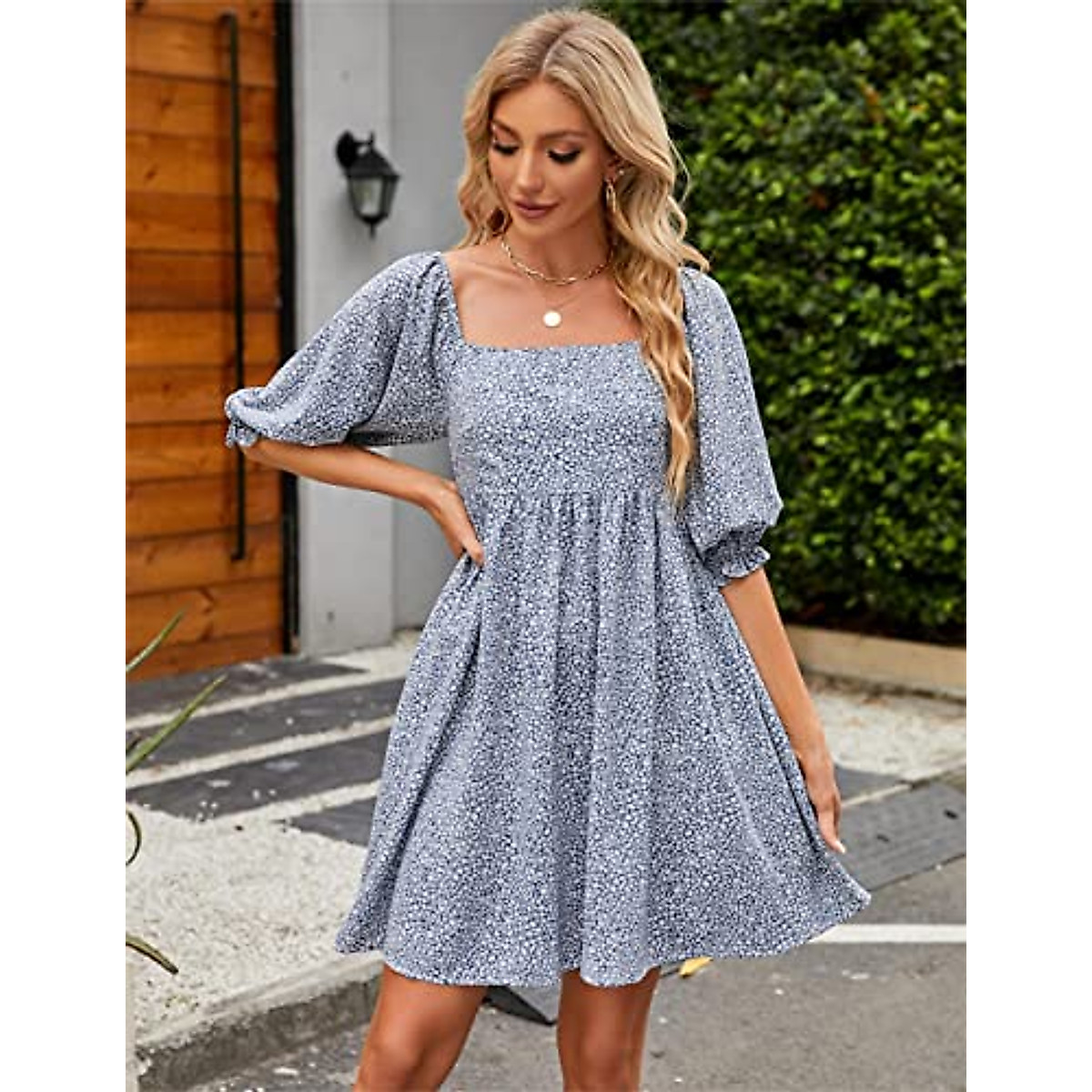 Blooming Jelly Womens Floral Babydoll Dress Square Neck 3/4 Puff Sleeve Dress Boho Mini Cute Sun Summer Casual Trendy 2023 Ladies Dresses with Pockets (Medium, Light Blue)