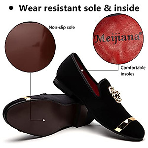 Meijiana Mens Black Loafers Velvet Dress Shoes with Gold Plate Smoking Slippers Slip on Penny Party Luxury Loafer Shoes for Men, Black-09, 9 US