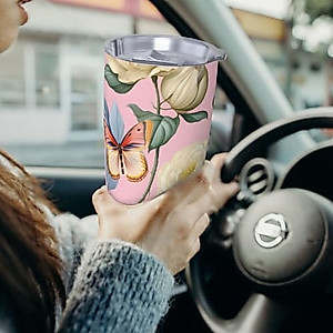 AYCZN Butterfly White Flower 20 OZ Tumbler Stainless Steel Travel Coffee Mug, Romantic Floral Insulated Water Bottle with Lid and 2 StrawsLeakproof Thermal Cup