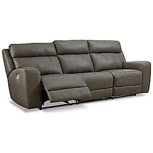 Signature Design by Ashley Roman Contemporary Tufted Leather Power Reclining Sofa with Adjustable Headrest, Gray