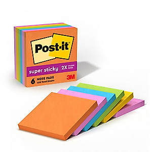 Post-it Super Sticky Notes, 4x4 in, 6 Pads, 2x the Sticking Power, Energy Boost, Bright Colors (Orange, Pink, Blue, Green), Recyclable(675-6SSAN)