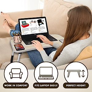 Folding Lap Desk for Bed and Sofa - Portable Wide Surface Bed Desk with Built-in Cup Holder and Tablet or Phone Slot for Working, Studying, Eating, and Watching Movies (Beige)