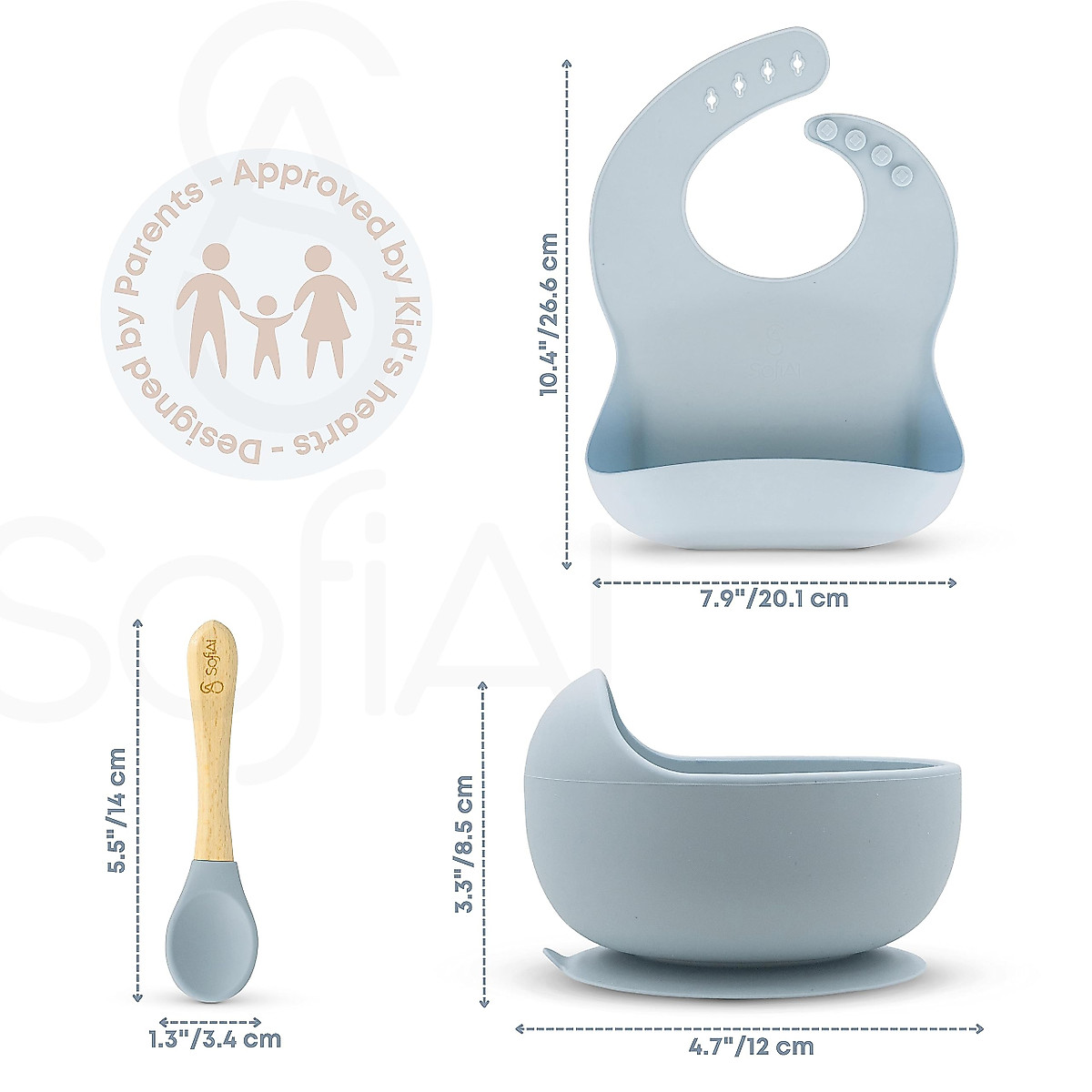 All In One Silicone Baby Feeding Set By SofiAl - Safe for 6-12 Months - Non-Toxic Baby Led Weaning Supplies, Suction Plate Or Bowl, Bib, Spoon & Gift Bag - BPA-Free - Mess Free Baby Feeding Essentials