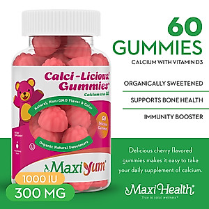 Maxi Health - Calcium Gummies with Vitamin D3 (60 Count) - 300 mg Coral Calcium & 1000 IU Vitamin D Gummy - Chewable Kosher Calcium D3 Gummies for Adults, Women, Men & Kids - Calcium Chews Supplement