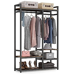 Tribesigns Free-Standing Closet Organizer, Large Double Rod Clothes Garment Rack with Shelves and Tie Rack, Heavy-duty Wardrobe Closet Storage Organizer Clothing Shelving for Bedroom (Rustic Brown)