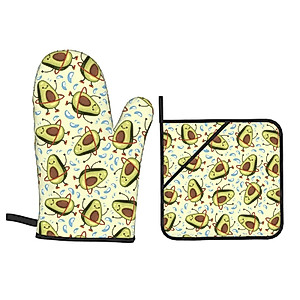 Avocado Oven Mitts and Pot Holders Heat Resistant 4 Pcs Sets Waterproof Non-Slip for BBQ Cooking Baking Grilling