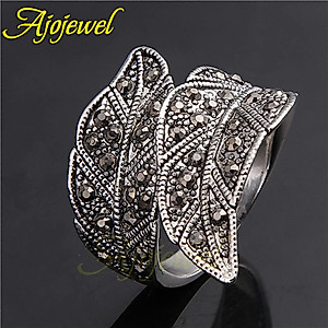 Ajojewel Black Rhinestone Leaf Wide Ring Women Vintage Jewelry Ladies Rings (9) (9)