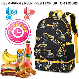 LEDAOU Kids School Backpack with Lunch Cooler Compartment 2 in 1 Boys Girls Bookbag and Insulated Lunch Bag for Preschool Kindergarten Elementary (Construction Vehicle)