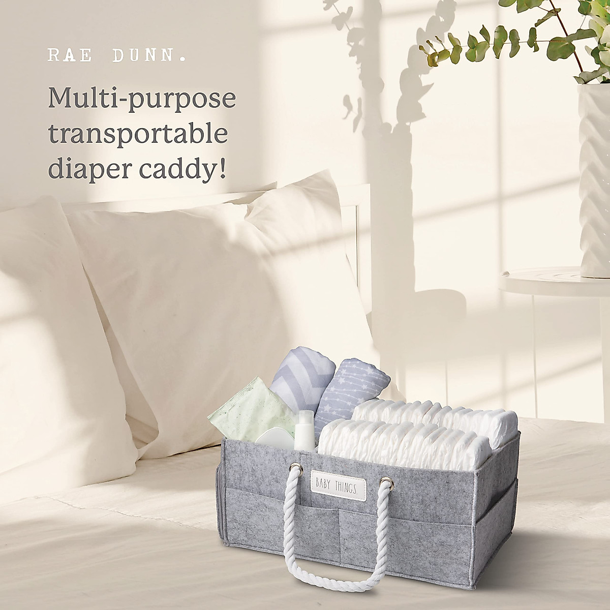 Rae Dunn Baby Diaper Caddy Organizer, Baby Things Storage Organizer for Nursery, Changing Table and Car, Portable Basket for Baby Items, Baby Shower Gifts, Grey Felt with Rope Handles, Large
