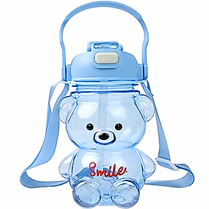Kawaii Bear Straw Bottle, Large Capacity Double Drink Ports Cartoon Kids Bear Water Bottle with Strap and Straw, Cute Portable Bear Shaped Water Bottle Adjustable Removable Strap for Girls and Children (Blue)