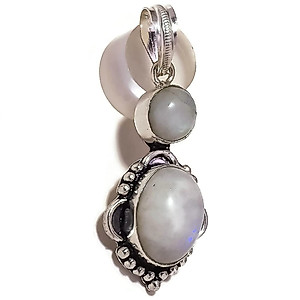 White Moonstone Cabochon Oval and Round Gemstone Silver Plated Handmade Pendant