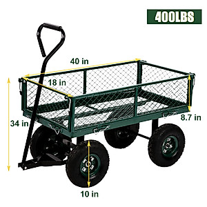 Hudada Garden Cart Heavy Duty Steel Utility Cart Yard Dump Wagon Cart Lawn Outdoor Utility Cart with Removable Sides and 10 Inch Wheels, Green