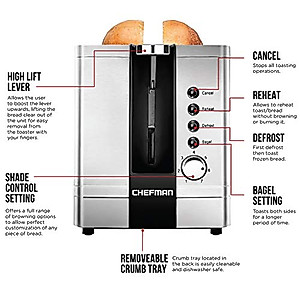 Chefman 2-Slice Pop-Up Stainless Steel Toaster w/ 7 Shade Settings, Extra Wide Slots for Toasting Bagels, Defrost/Reheat/Cancel Functions, Removable Crumb Tray, 850W, 120V, Silver