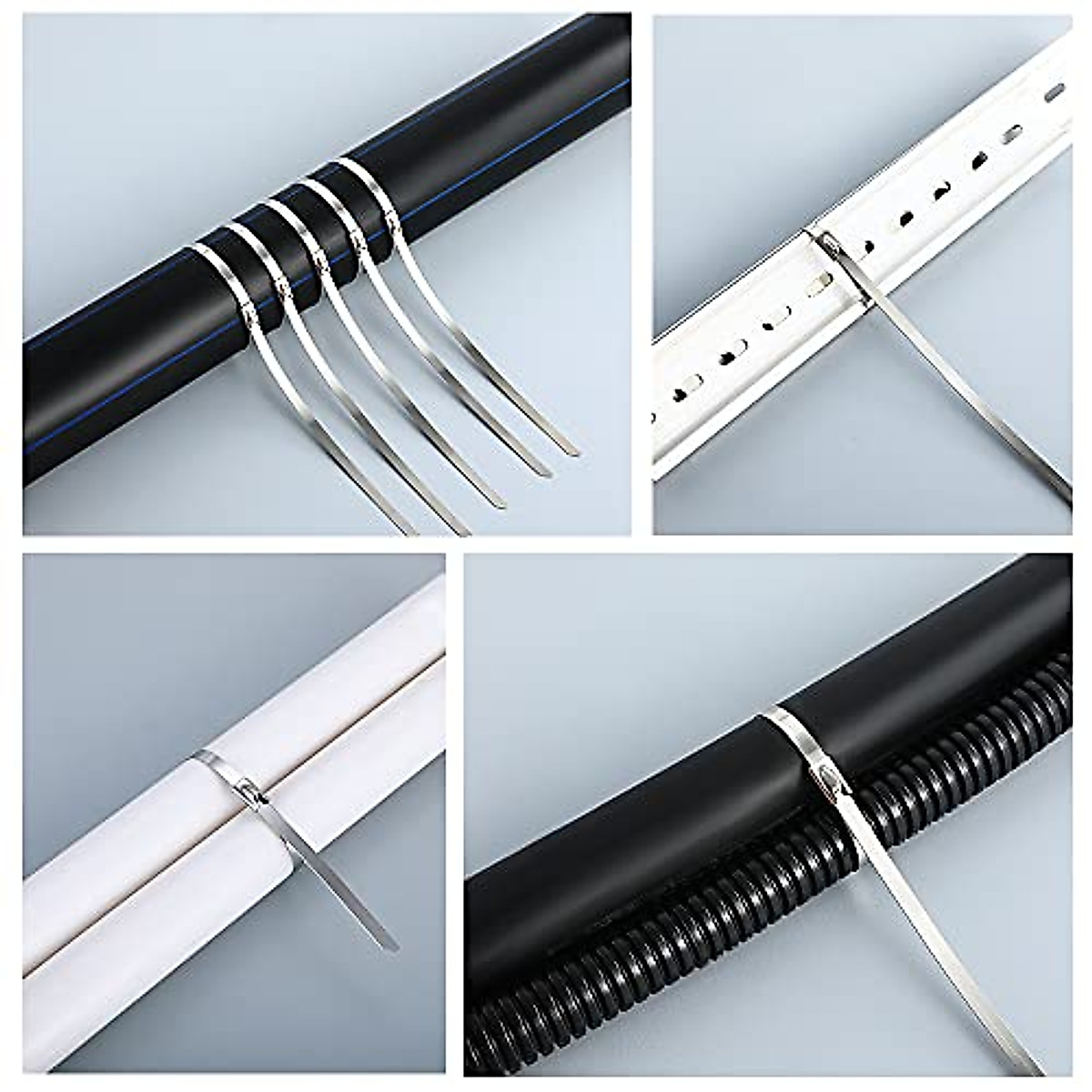 Metal Zip Ties 11.8 inch 100pcs 304Stainless steel Heavy duty Multi-purpose Self-locking Cable Ties Suitable for in machinery, vehicles, farms, pipes, roofs,cables, as well as Outdoor binding