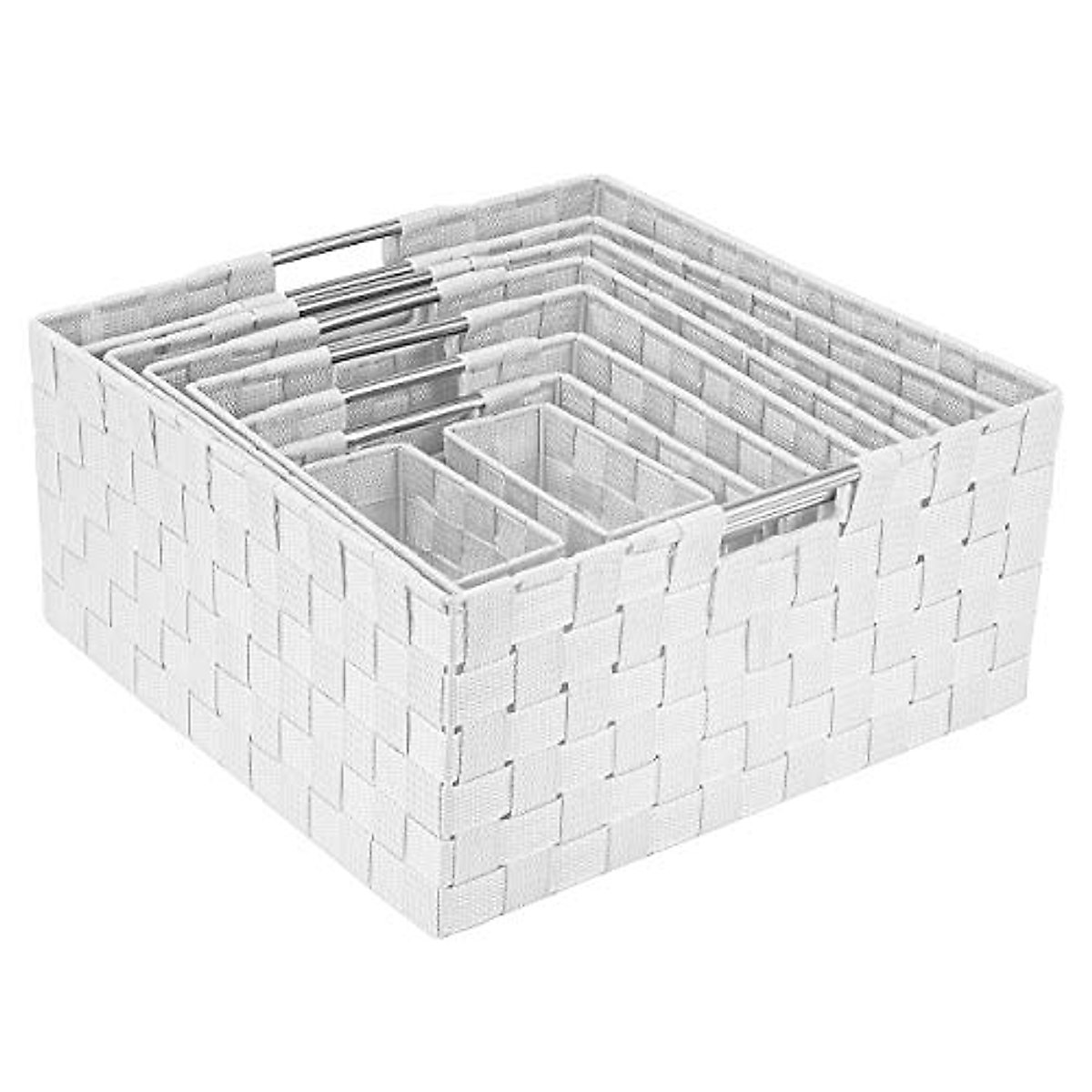 Sorbus Storage Box Woven Basket Bin Container Tote Cube Organizer Set Stackable Storage Basket Woven Strap Shelf Organizer Built-In Carry Handles (White)