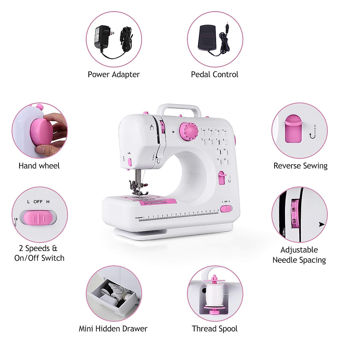 COSTWAY Electric Multifunctional Sewing Machine, 12 Stitches Portable Sewing Machine with Light Free Arm Battery, DC Adapter, Adjustable Sewing Speed (Pink+White)