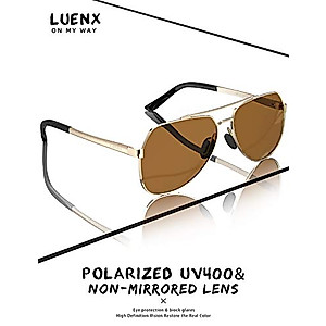 LUENX Men Women Aviator Sunglasses Polarized Shades Flexible Spring Hinge - Brown Lens Gold Metal Frame Large 60mm