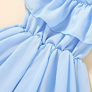 Toddler Baby Girls Summer Dress Chiffon Princess Dress Little Girl Clothes Sleeveless Off-Shoulder Dress Pure Blue