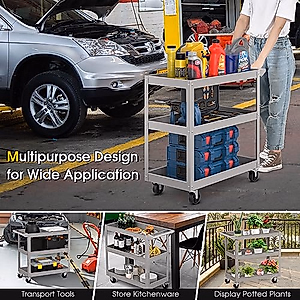 IRONMAX 3-Tier Utility Service Cart, 400 Lbs Heavy Duty Metal Trolley Rolling Cart w/Ergonomic Flat Handle, Lockable 360°Swivel Wheels, Chic Mechanic Tool Cart for Garage Warehouse & Repair Shop