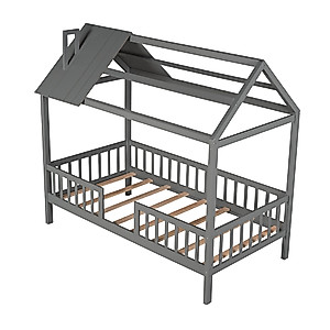 MERITLINE Twin House Bed Kids Montessori Beds Playhouse Tent Bed, Solid Wood Platform Bed Frame with Fence and Roof for Kids Teens Adults (Twin Size, Gray)