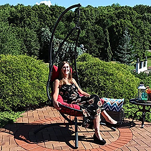 Sunnydaze Phoebe Hanging Lounge Chair with Stand and Seat Cushions - Resin Wicker Outdoor Basket Swing Chair with Steel Frame for Patio, Porch, Balcony, Backyard and Garden - 79-Inch - Red