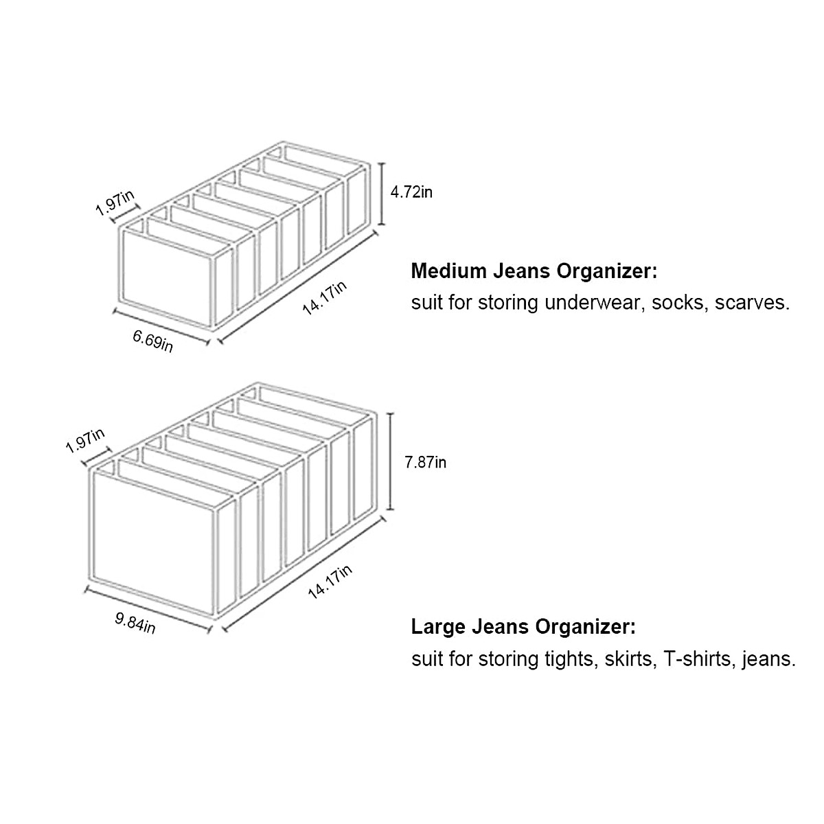 Dongyue 2Pcs 7 Grids Wardrobe Clothes Organizer Jeans Wardrobe Organizer Washable Mesh Kids Drawer Organizer suit for T-shirt,Legging,Skirts,Jeans,Kid Clothes (Grey, Large+Medium)