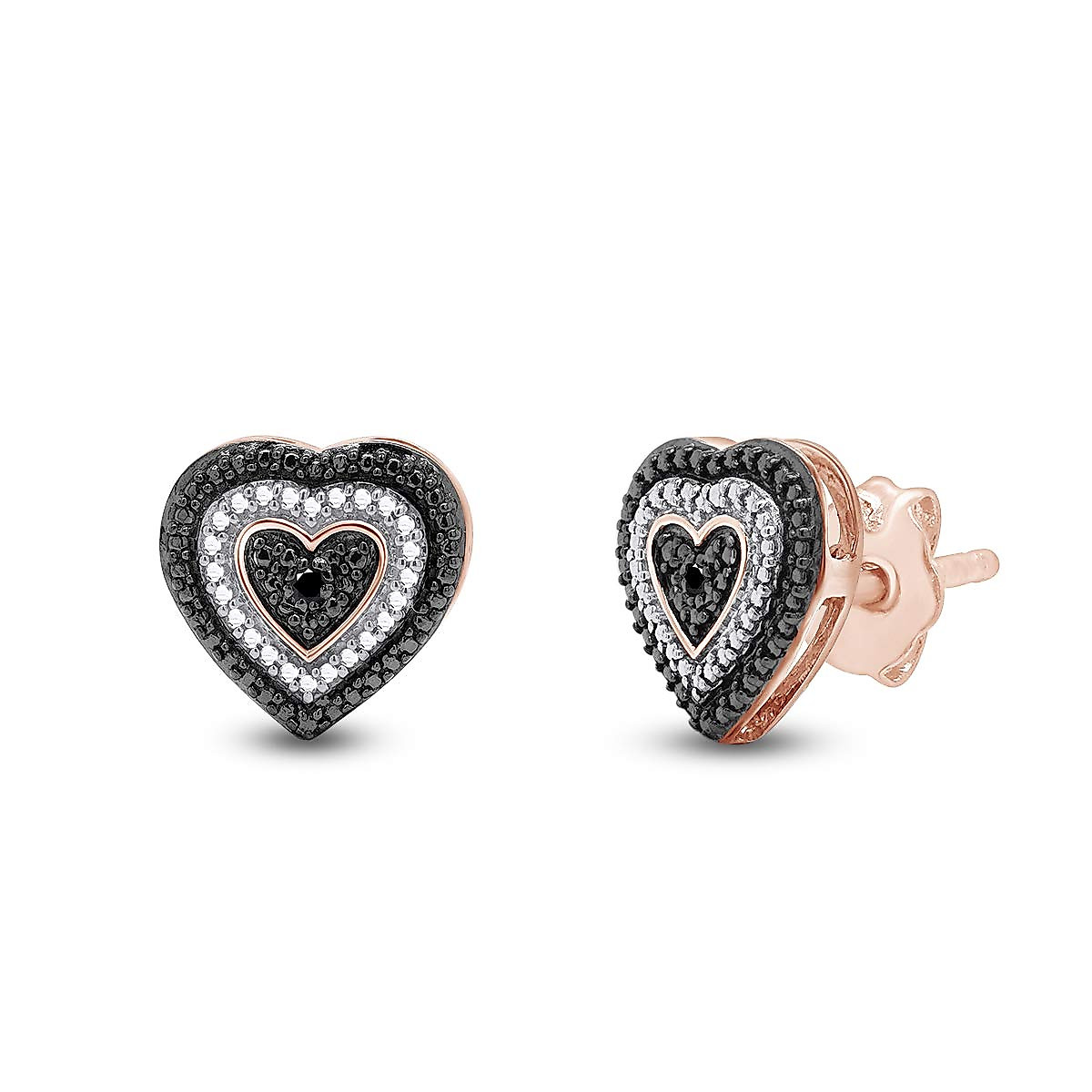 Black & White Natural Diamond Heart Shape Stud Earrings In 14K Rose Gold Over Sterling Silver (0.02 Ct)