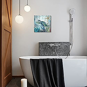 HGTUSJHC Sea Turtle Bathroom Wall Decor Modern Canvas Ocean Theme Painting Pictures Art Framed Artwork for Bedroom Home Office Kitchen Rustic Green Decoration Size 14x14, Blue and Green