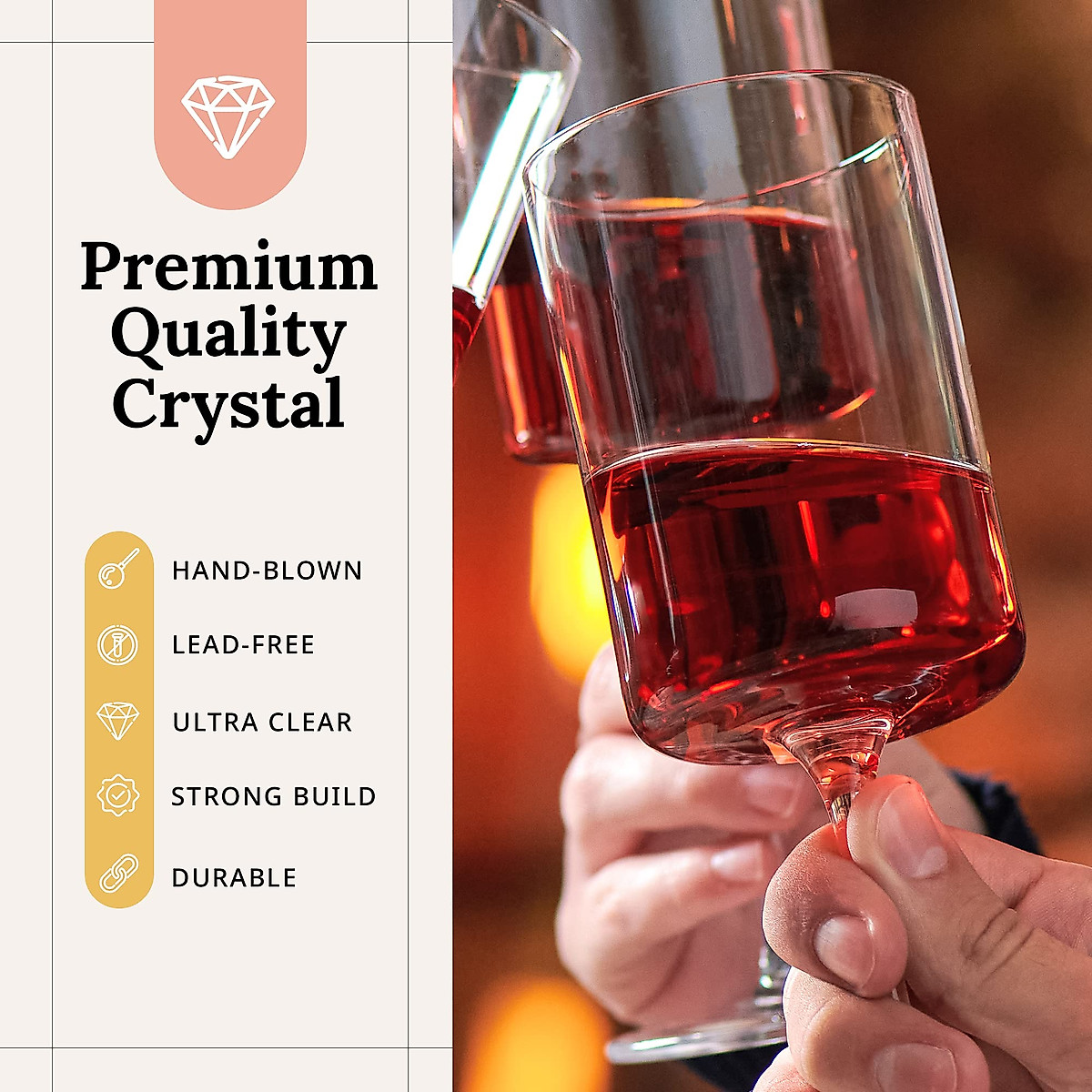 Square Wine Glasses Set of 4 – 14oz Crystal Wine Glasses – Elegant & Modern Long Stem Wine Glasses for White & Red Wine – Hand-Blown Lead-Free Large Wine Glass