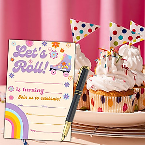 Roller Skating Birthday Invitations, Daisy Rainbow Birthday Party Invitation Card, Retro Groovy Roller Skate Birthday Party Favors & Celebration Supplies(20 Set of Invitations with Envelopes)-C06