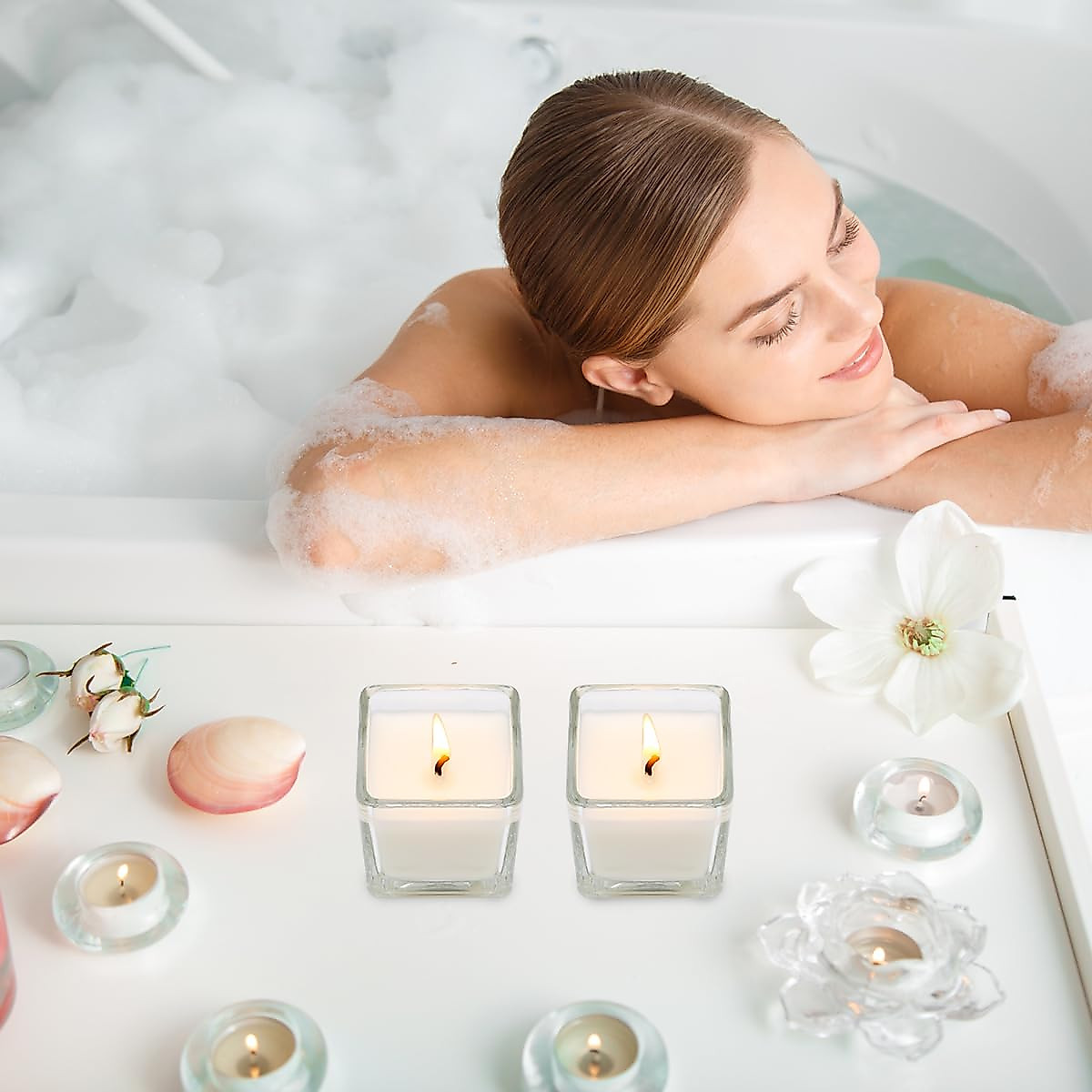 Kingyo 20 Pack White Unscented Votive Candles in Clear Square Glass Jar - 10 Hour Burn Time - Perfect for Wedding Receptions, Christmas, Party Favors & More