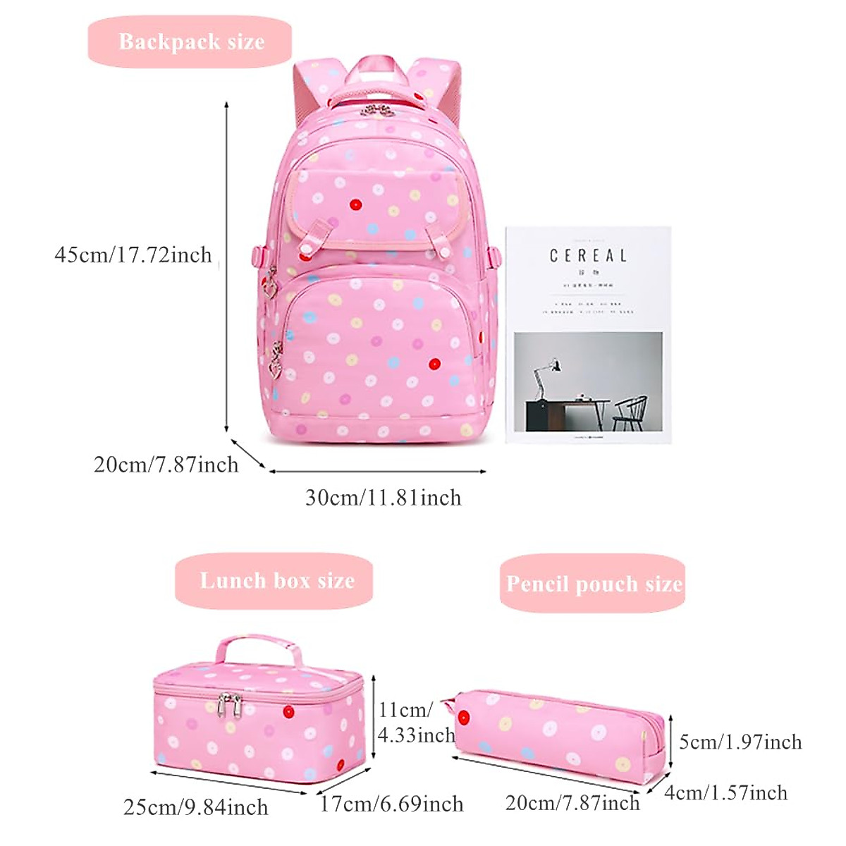 Armbq Polka-dot Print Backpacks for Girls with Lunch Box Teenage School Bookbag Set for Elementary Middle Student Travel Bag