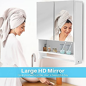 Nidouillet Bathroom Wall Cabinet with Mirror, 27" Wall Mounted Medicine Cabinet Storage with 2 Mirrored Doors, Adjustable Shelves, Towel Rack, White Hanging Cabinet for Over Toilet, Laundry Room